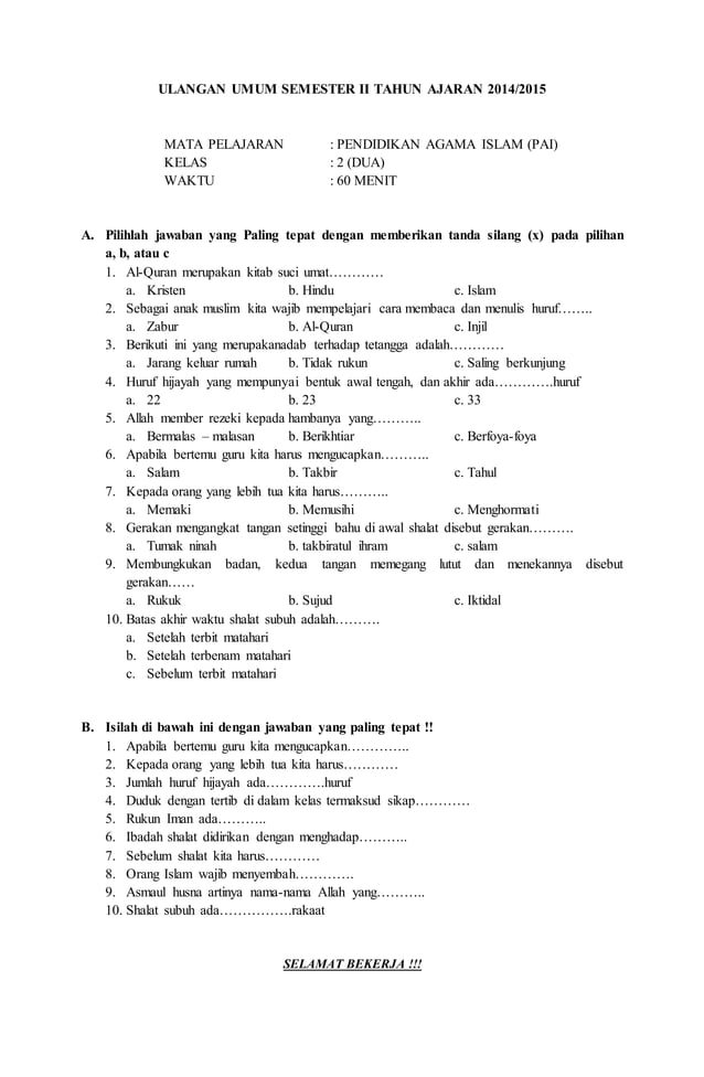 Ulangan umum semester ii tahun ajaran 2014 sd | PDF