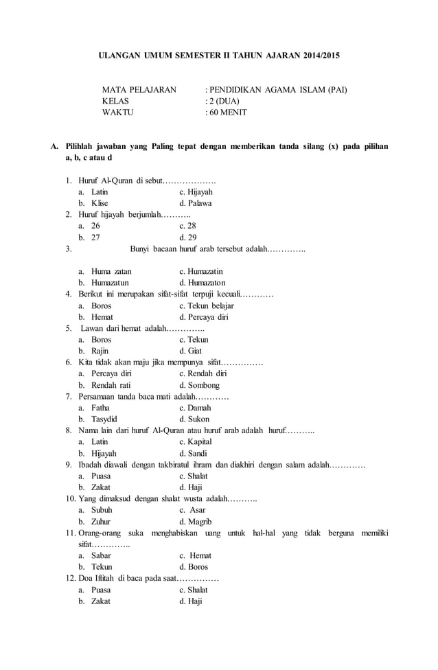 Ulangan umum semester ii tahun ajaran 2014 sd | PDF