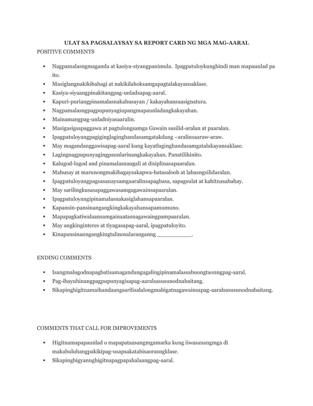 Ulat sa pagsalaysay sa report card ng mga mag | DOCX