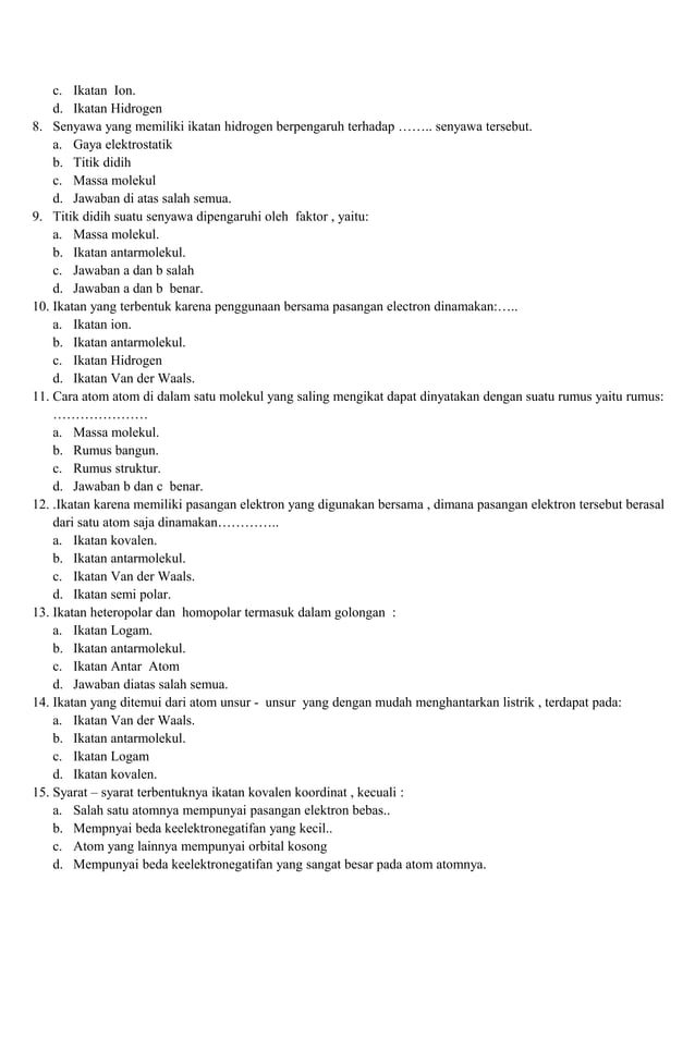 Soal Ulangan Kimia Ikatan SMK Kelas X Semester Genap 2013 2014 | PDF