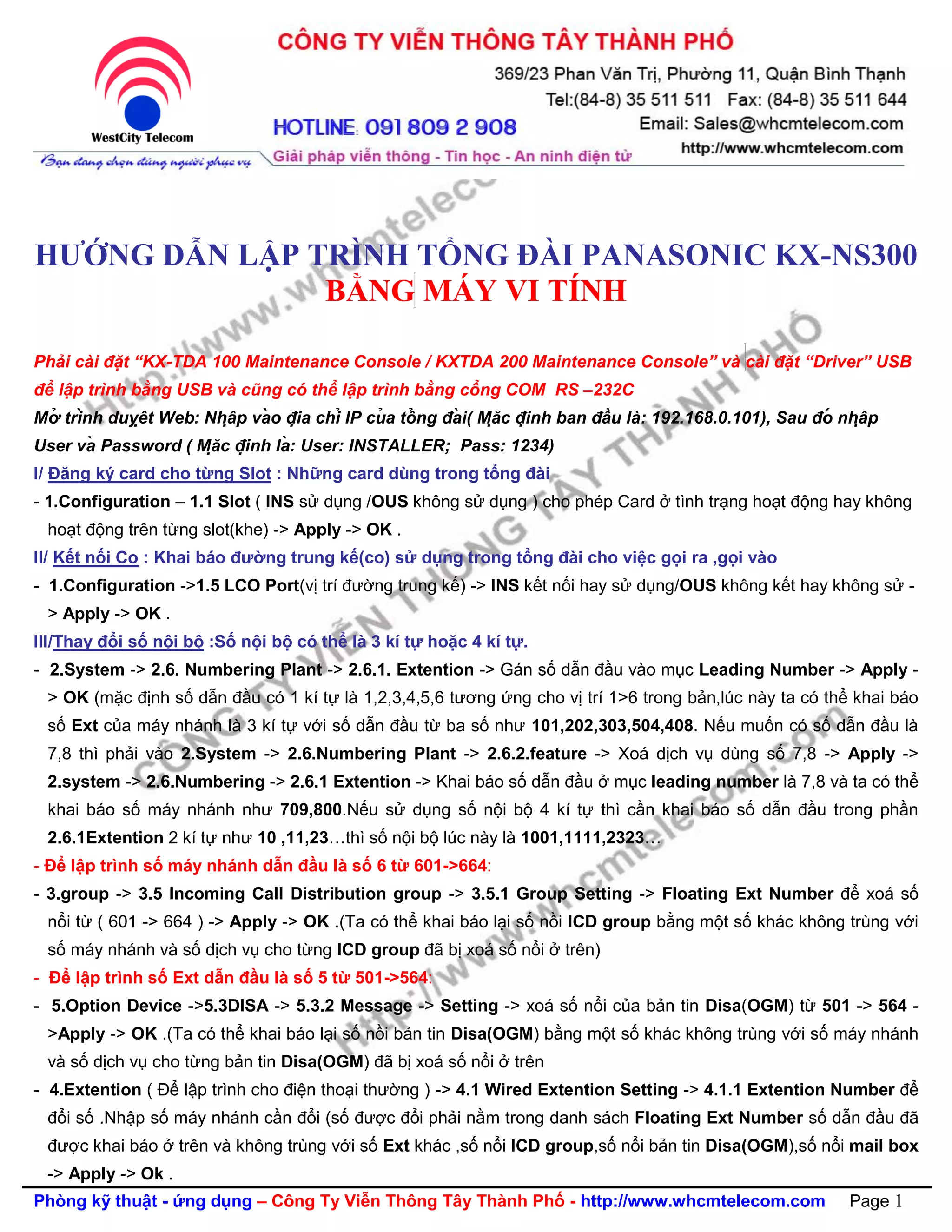 Huong dan lap trinh tong dai panasonic kx ns300 bang pc | PDF