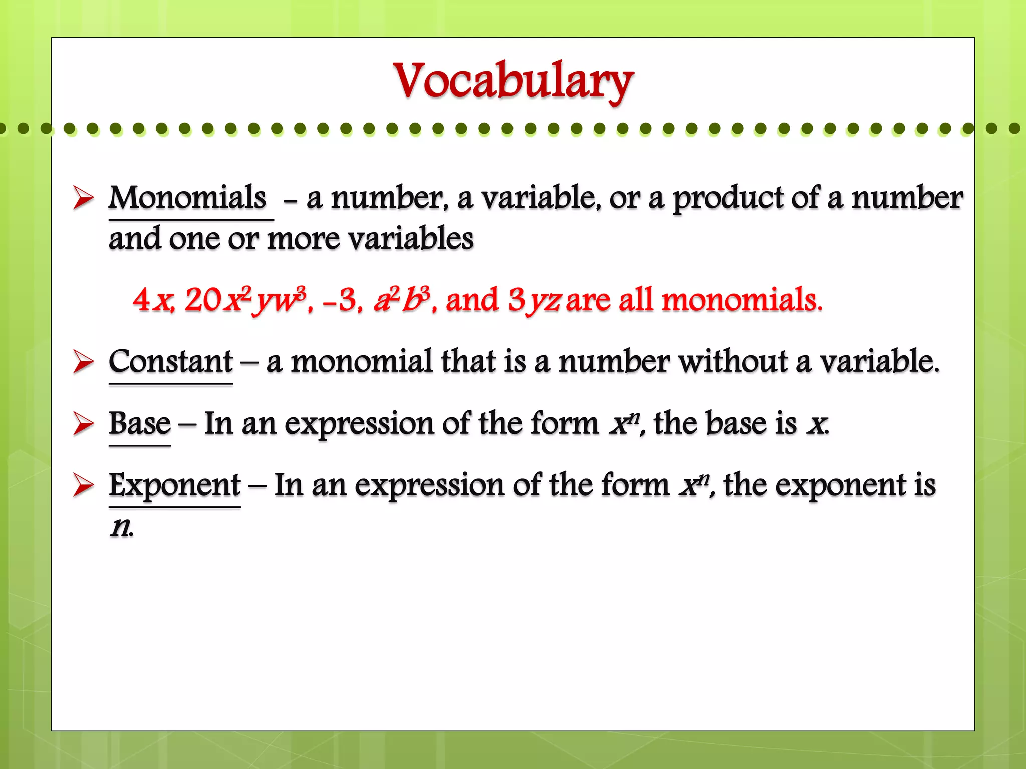 Ultimate guide monomials exponents | PPTX | Physics | Science