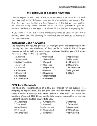 Ultimate List of 500 Resume Keywords | PDF
