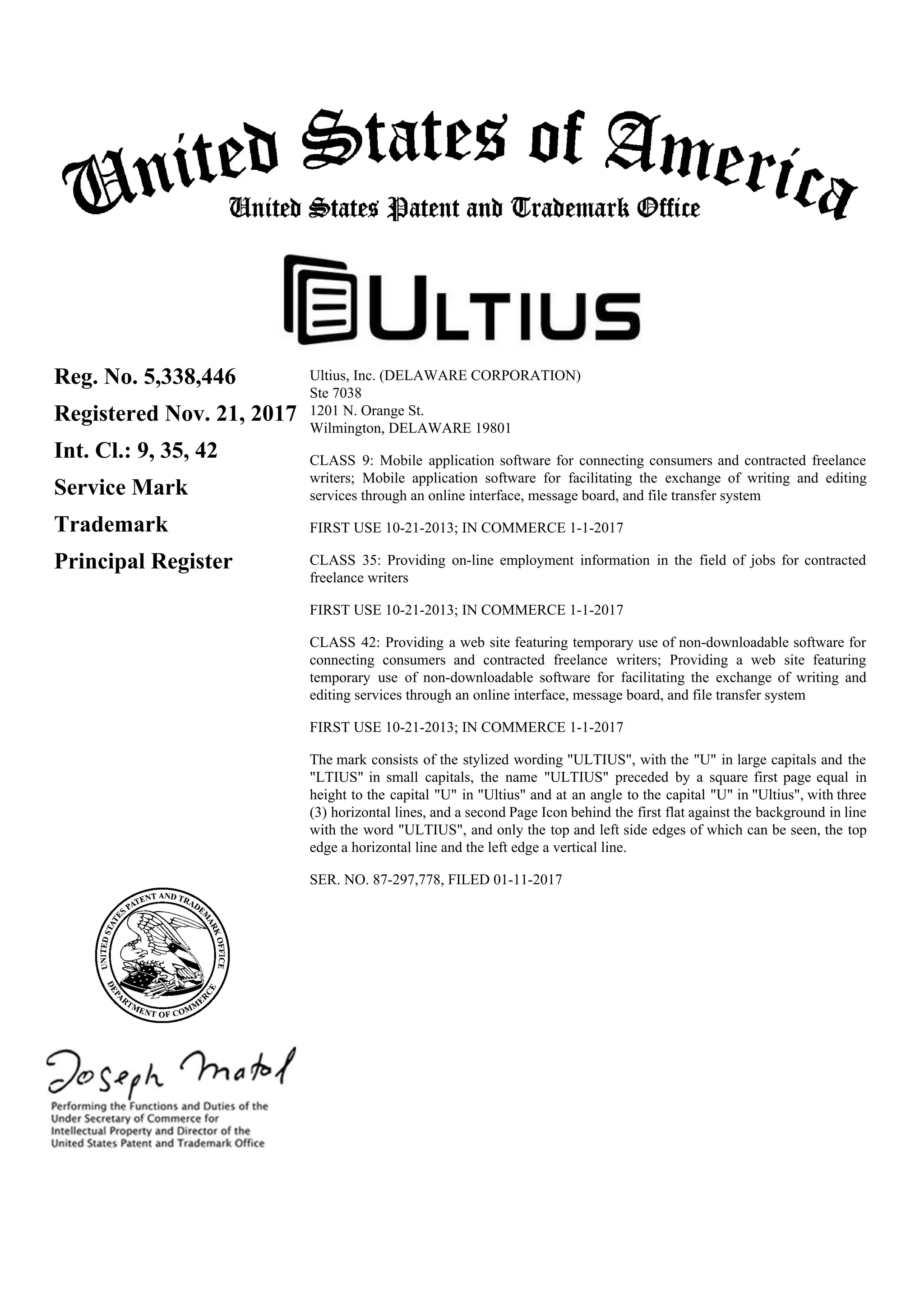 Ultius, Inc. Federal Trademark Registration of Logo with USPTO | PDF ...