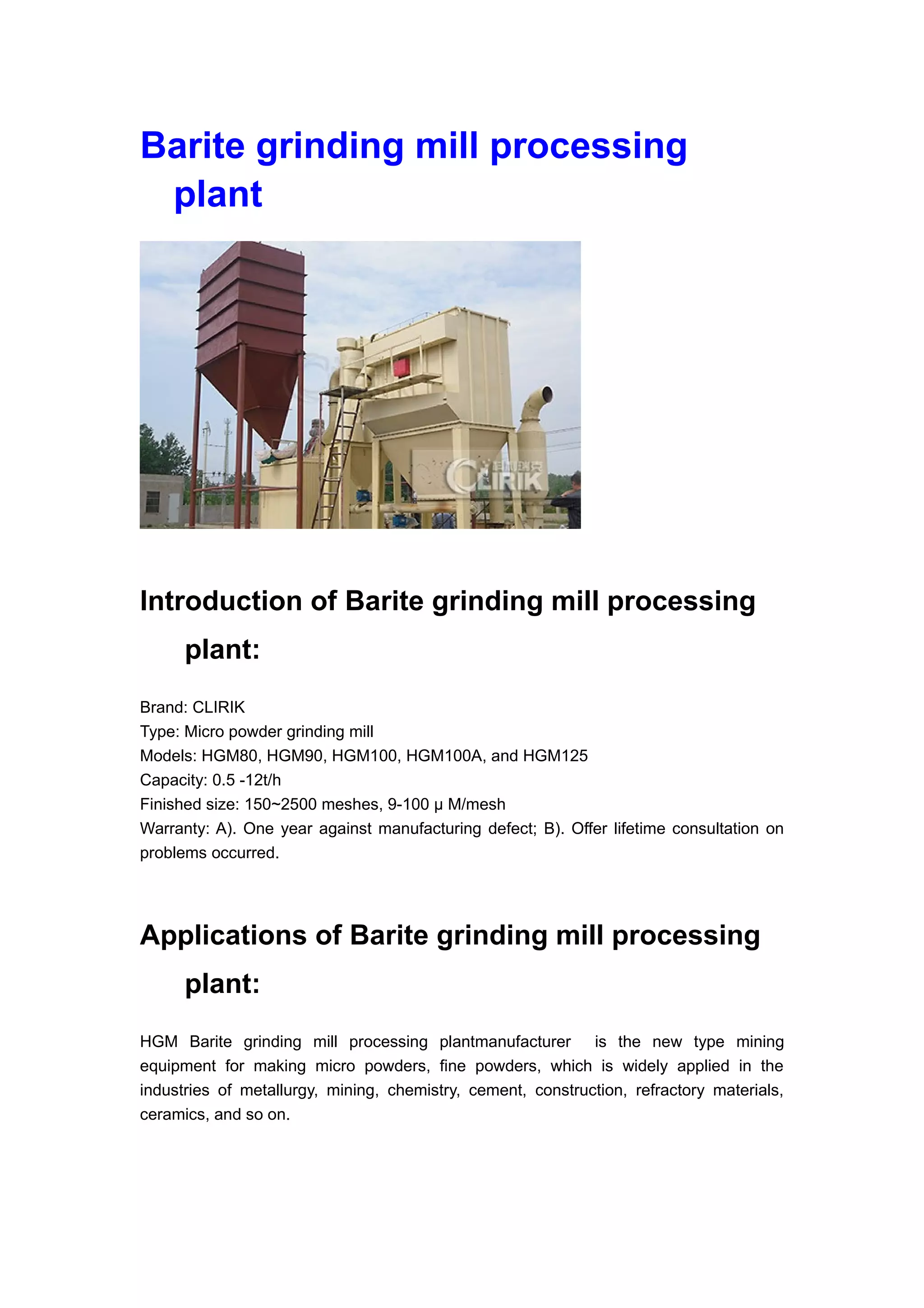 Barite grinding mill processing plant | DOC