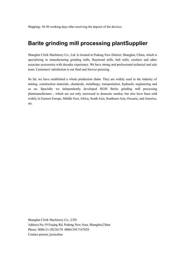 Barite grinding mill processing plant | DOC | Commodities | Economy