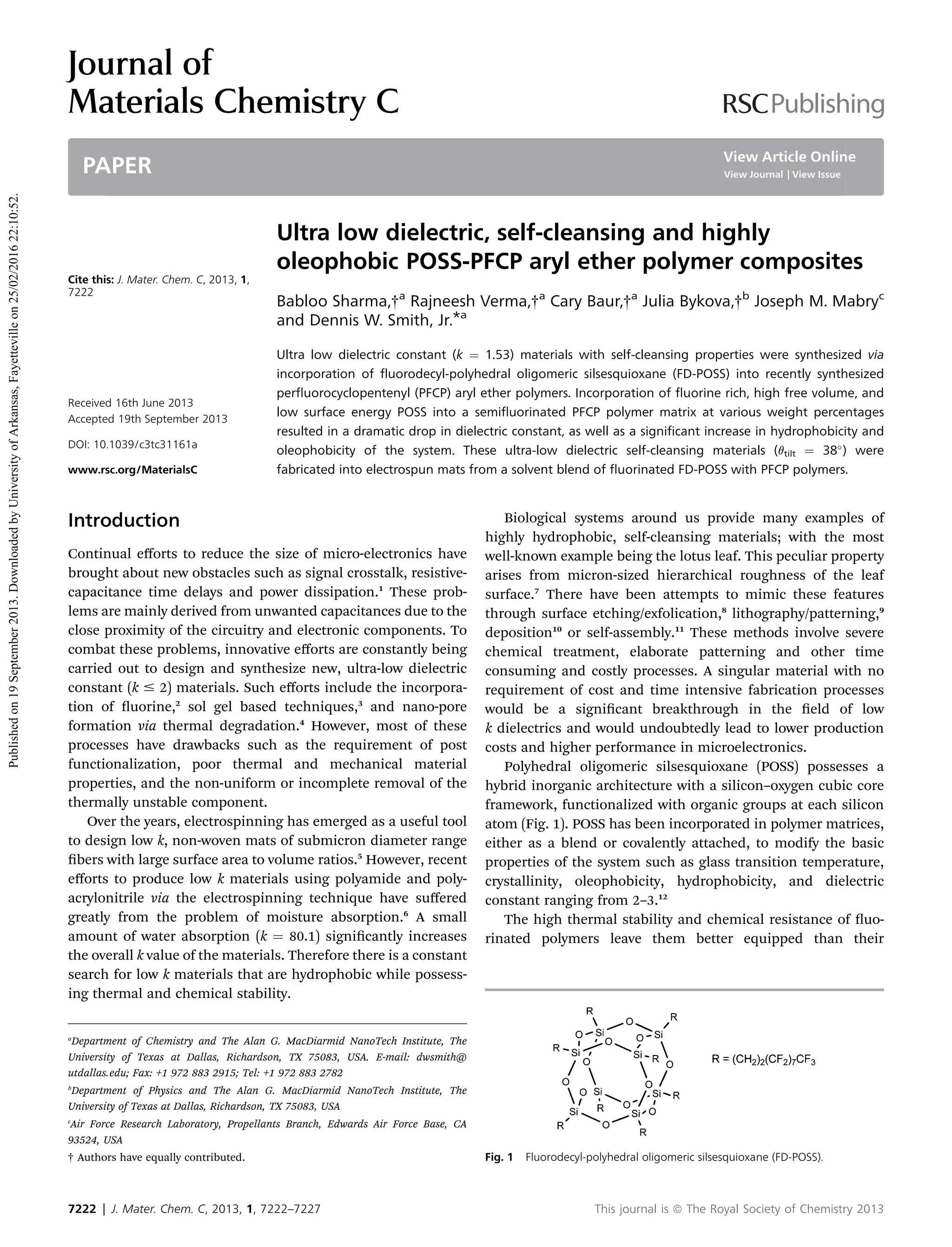 Ultra low dielectric, self-cleansing and highly oleophobic POSS-PFCP ...