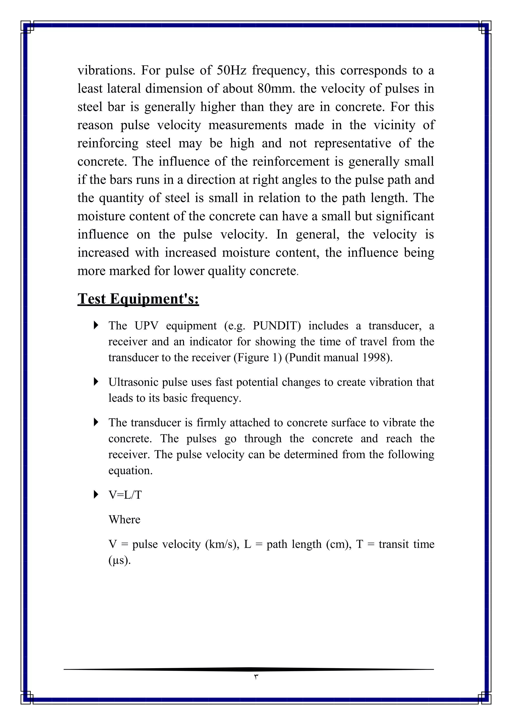 Ultra sonic pulse velocity test for concrete as nondestructive test ...