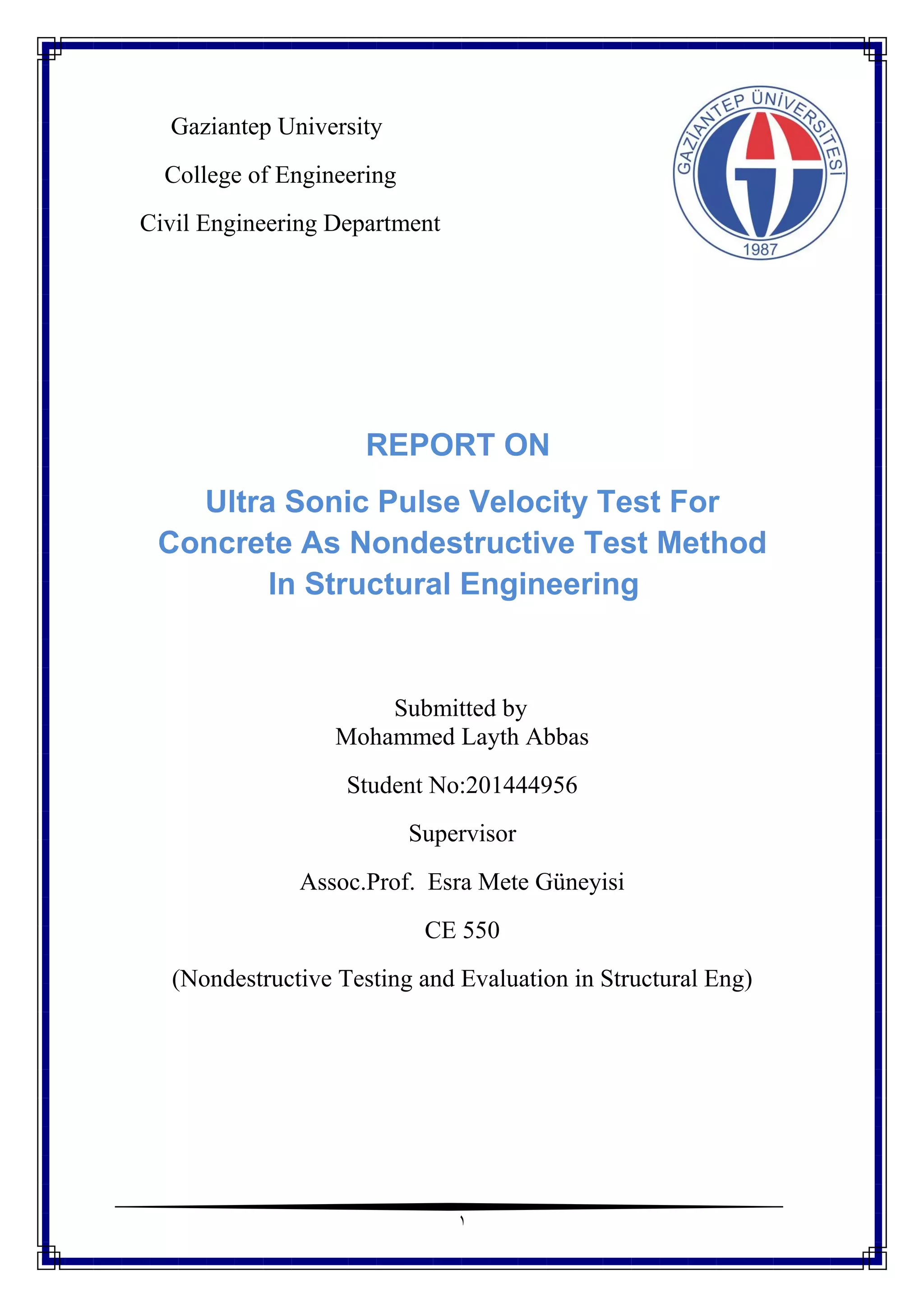 Ultra sonic pulse velocity test for concrete as nondestructive test ...