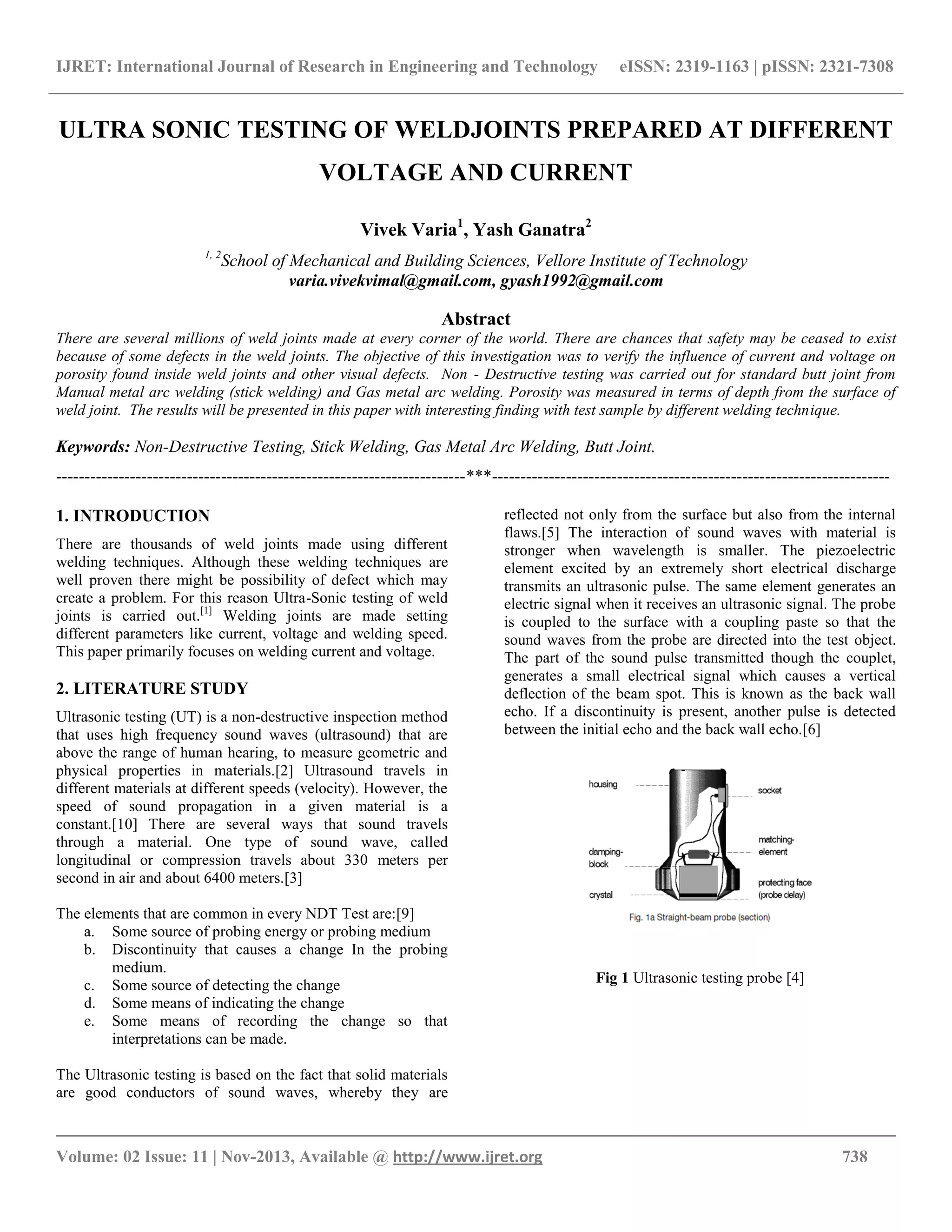 Ultra sonic testing of weldjoints prepared at different voltage and ...