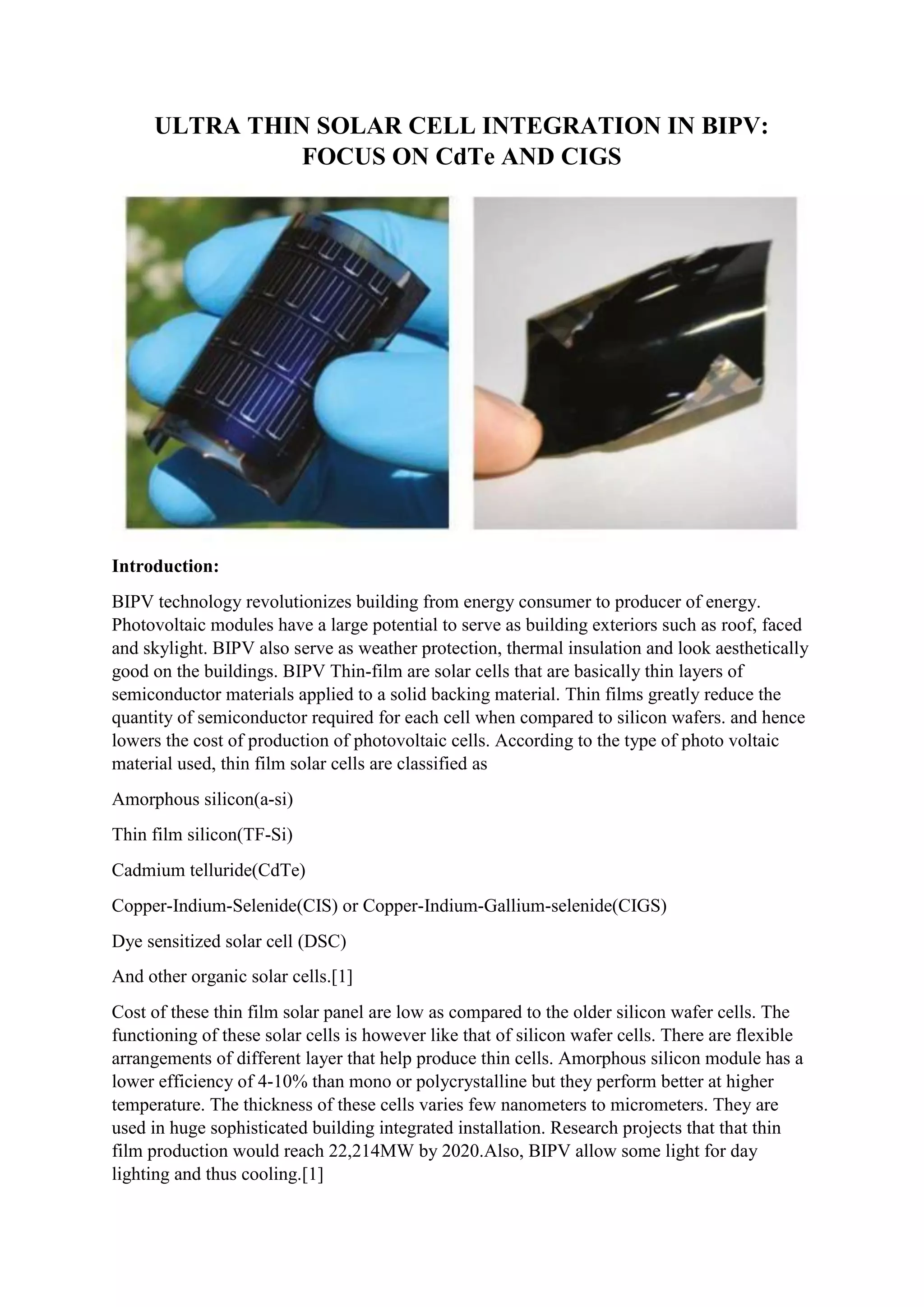 Ultra thin solar cell integration in bipv focus on cd te and cigs | PDF