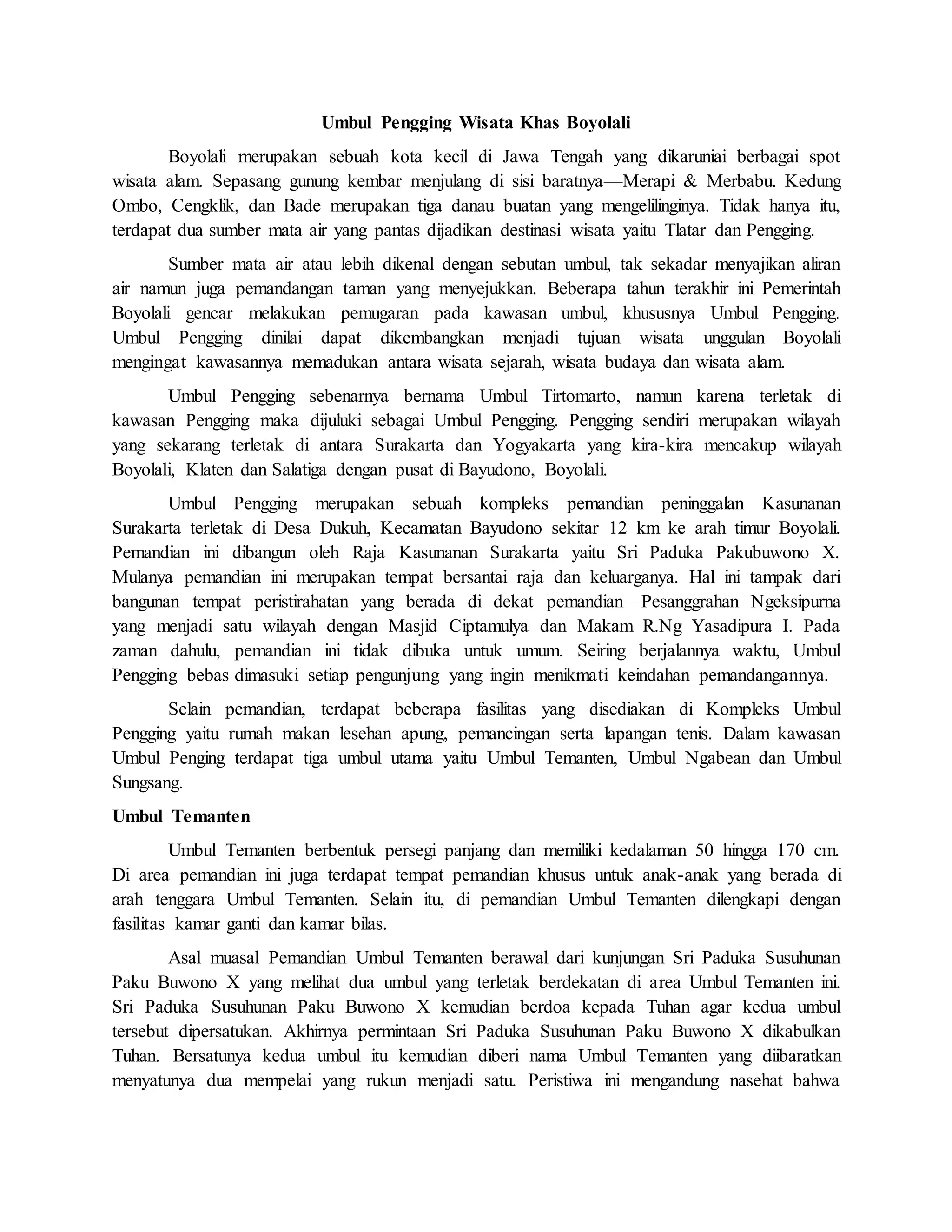 Umbul pengging wisata khas boyolali | DOCX