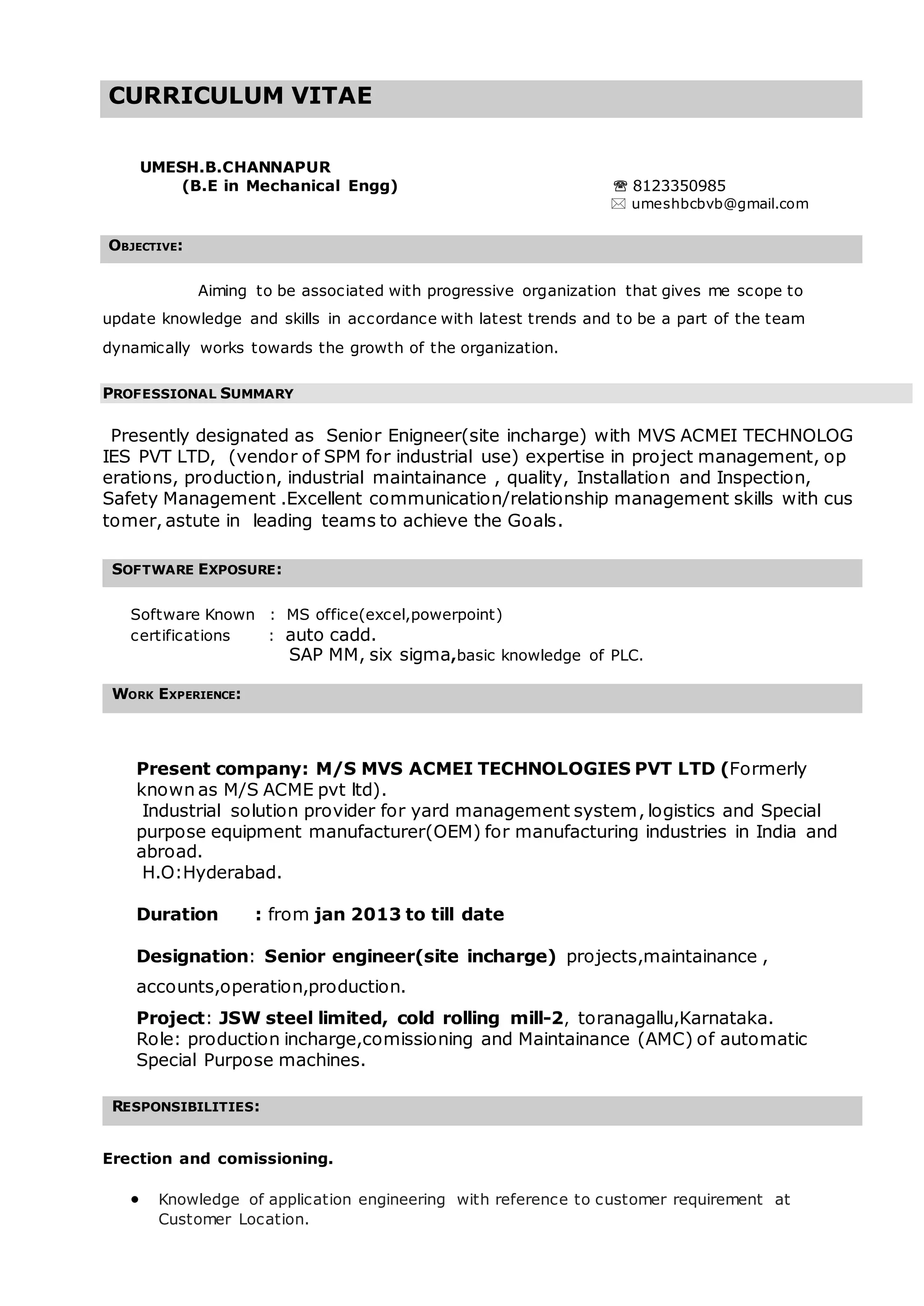 Umesh_BE_mechanical with experience in metal industry project,operation & maintainance | DOC