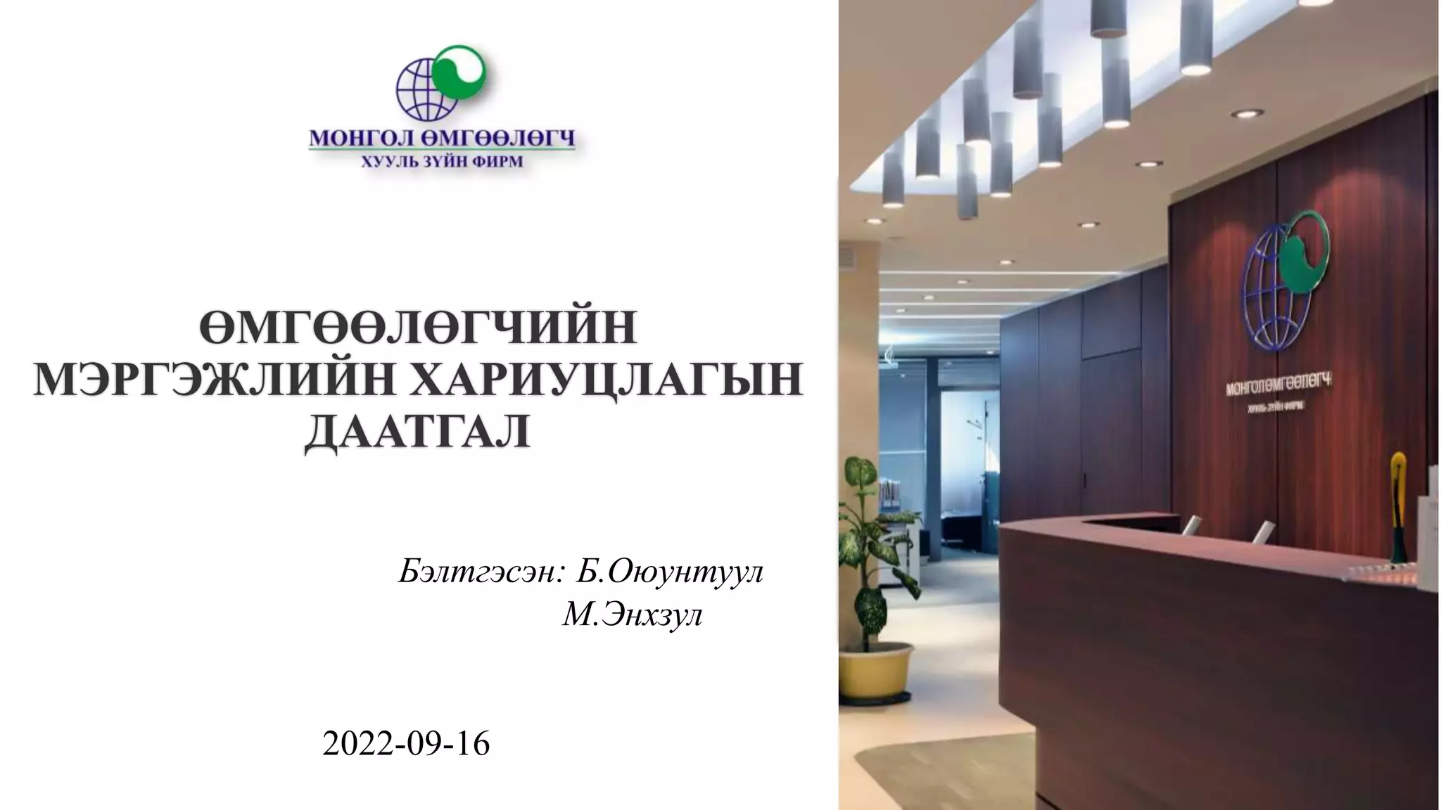 ӨМГӨӨЛӨГЧИЙН МЭРГЭЖЛИЙН ХАРИУЦЛАГЫН ДААТГАЛЫН ТУХАЙ ТАНИЛЦУУЛГА Pptx