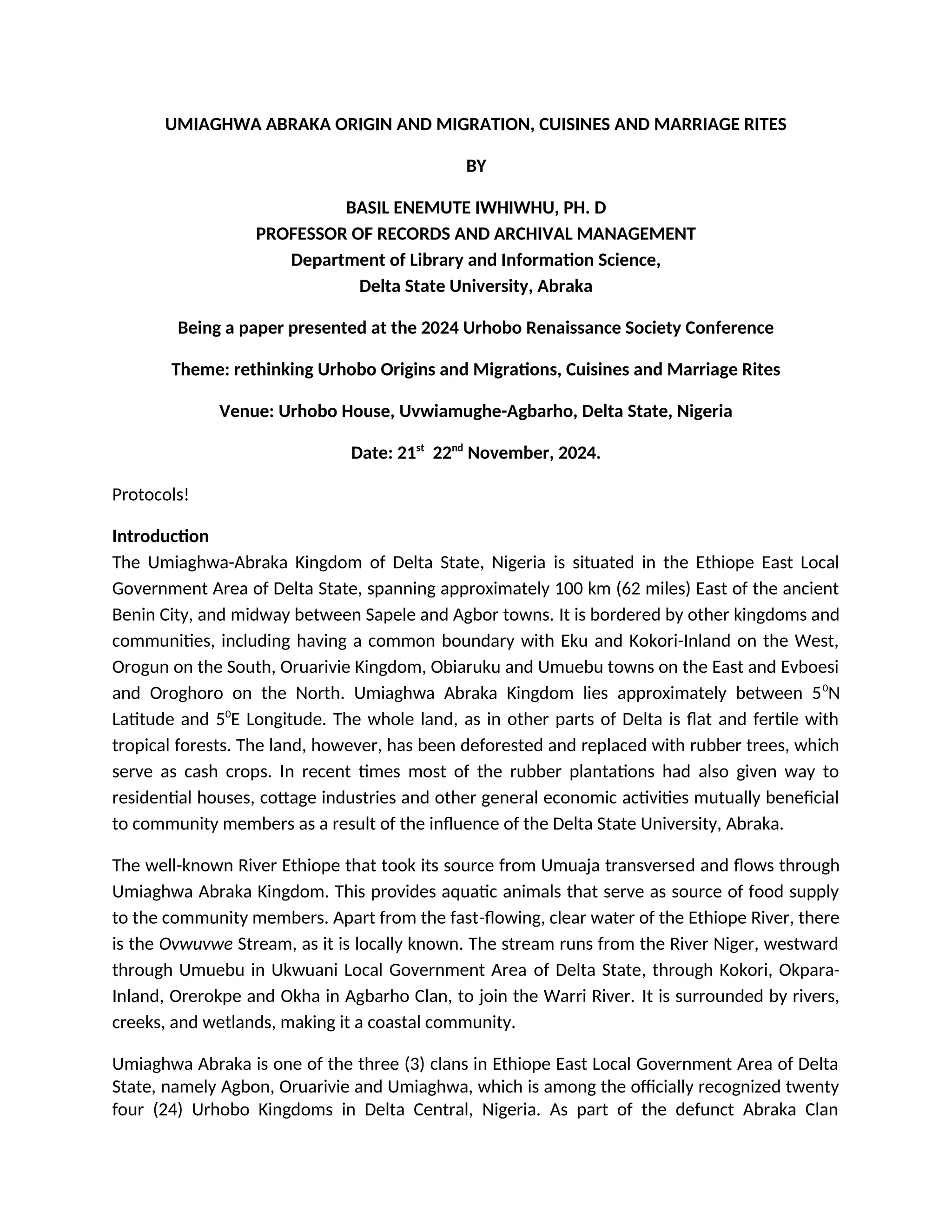 UMIAGHWA ABRAKA ORIGIN IN ETHIOPE EAST LGA OF DELTA STATE | DOC