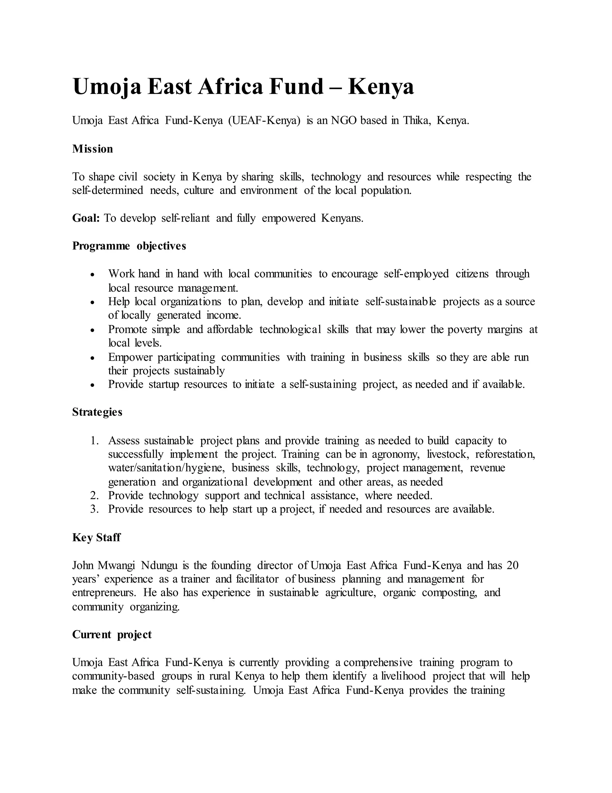 Umoja east africa mission vision and project | DOCX