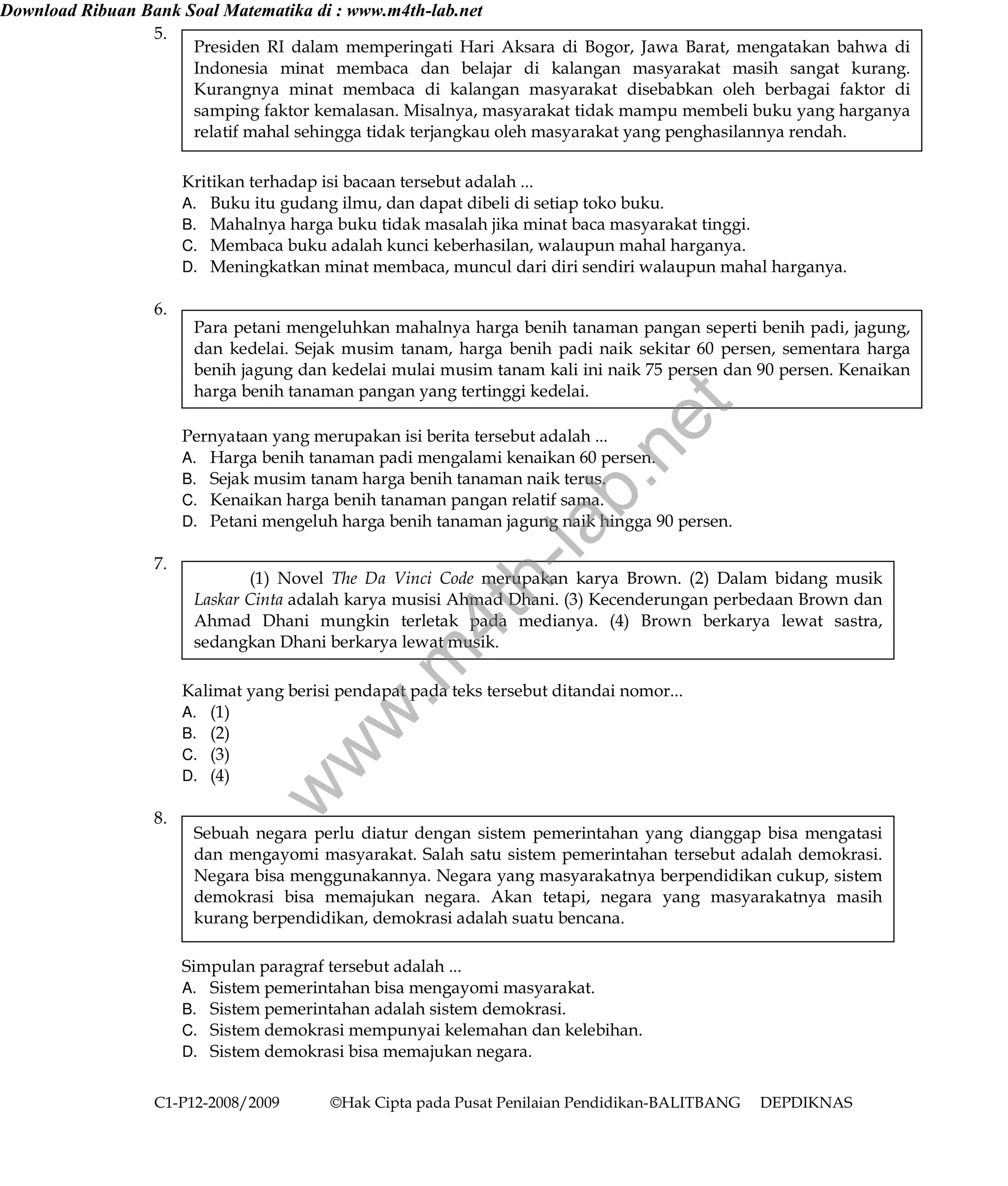 SOAL UN BAHASA INDONESIA TAHUN 2009 | PDF