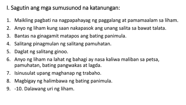Unang bahagi ng pagsusulit sa filipino sa piling | PPTX