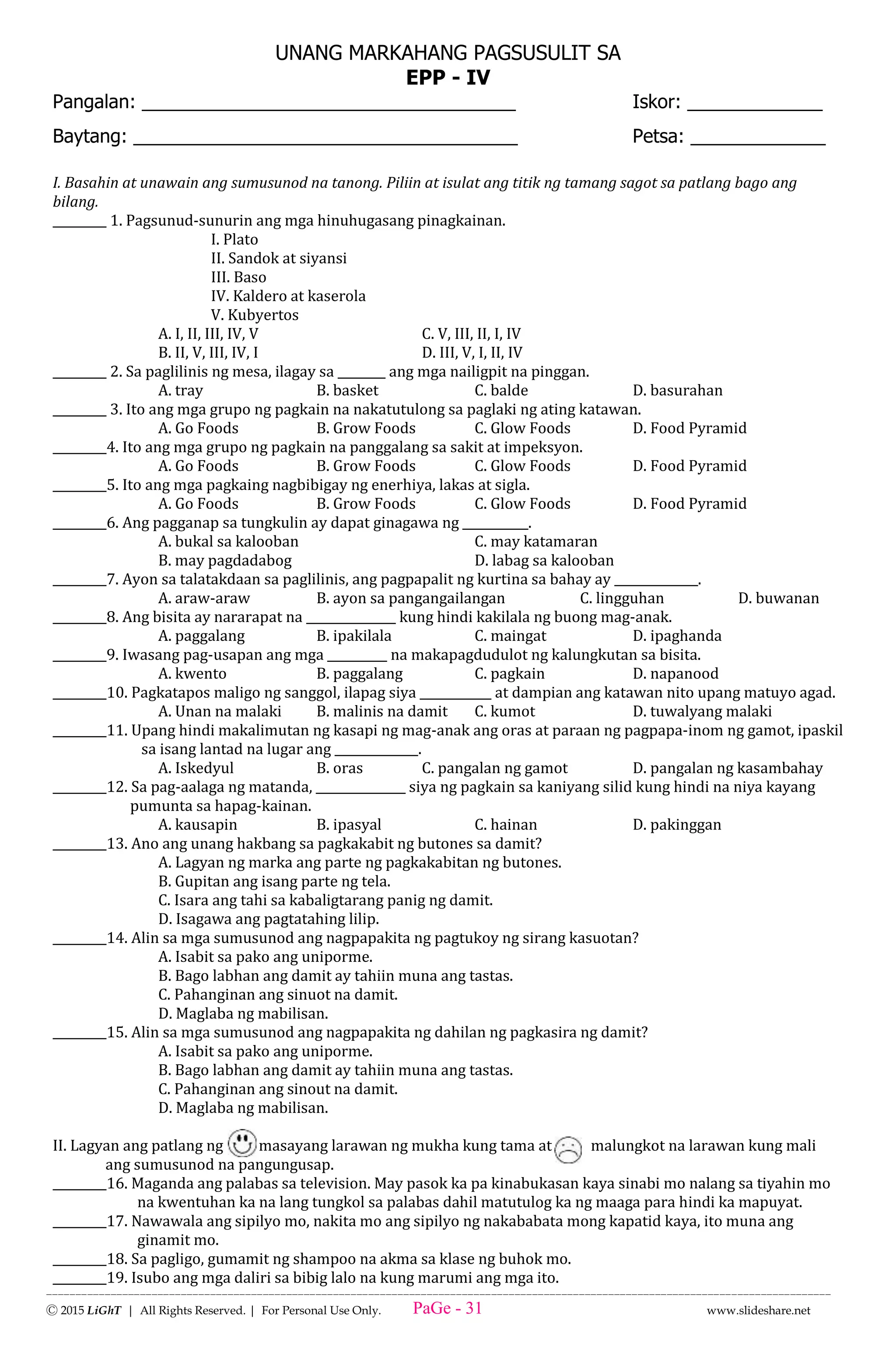 K TO 12 GRADE 4 UNANG MARKAHANG PAGSUSULIT | PDF