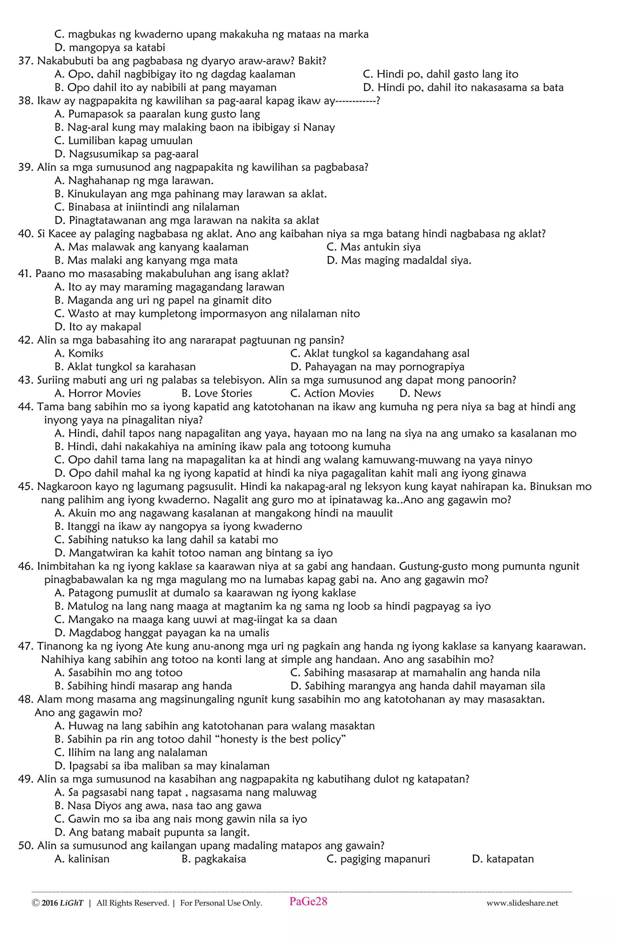 K TO 12 GRADE 5 UNANG MARKAHANG PAGSUSULIT | PDF