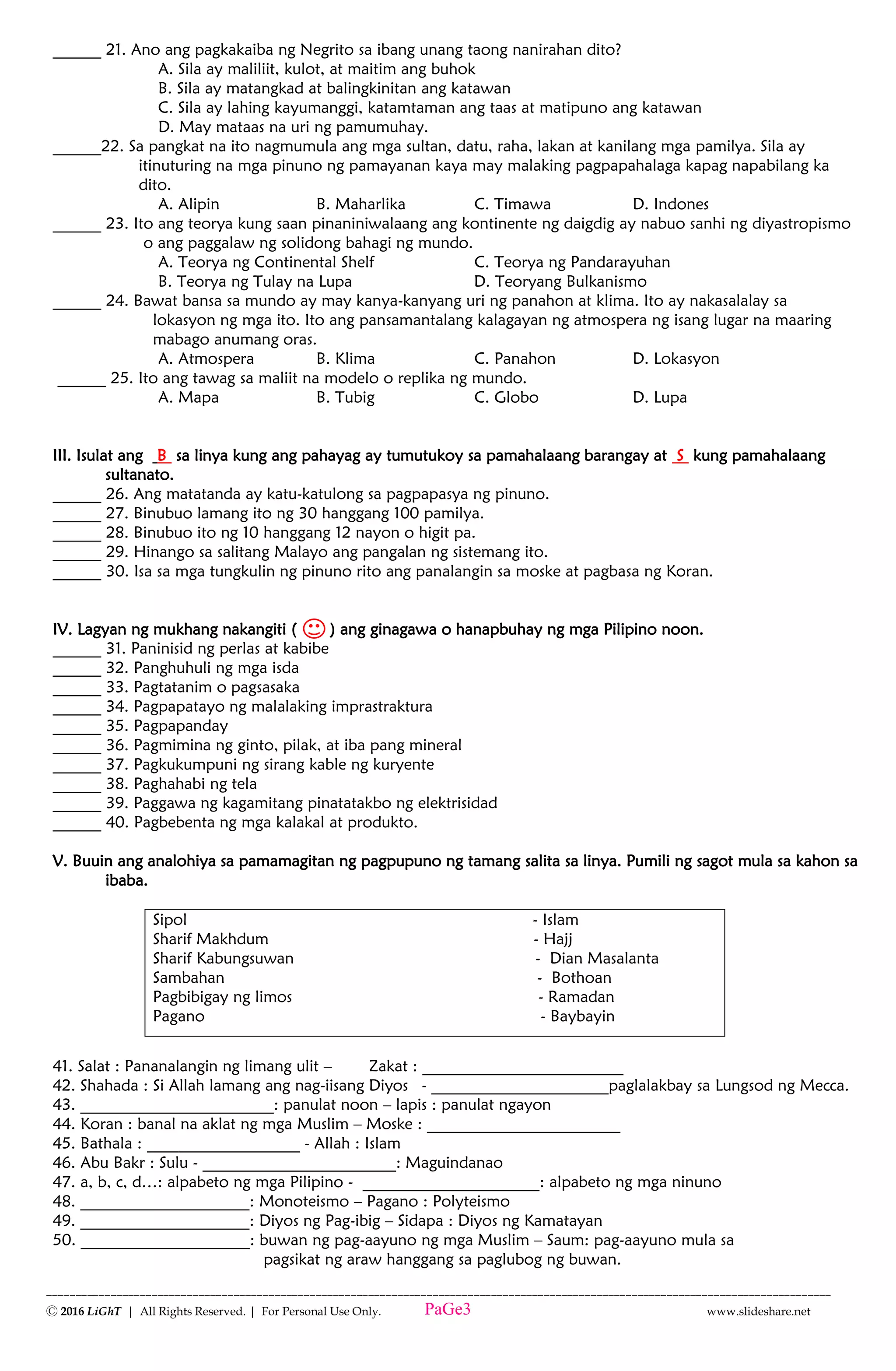 K TO 12 GRADE 5 UNANG MARKAHANG PAGSUSULIT | PDF
