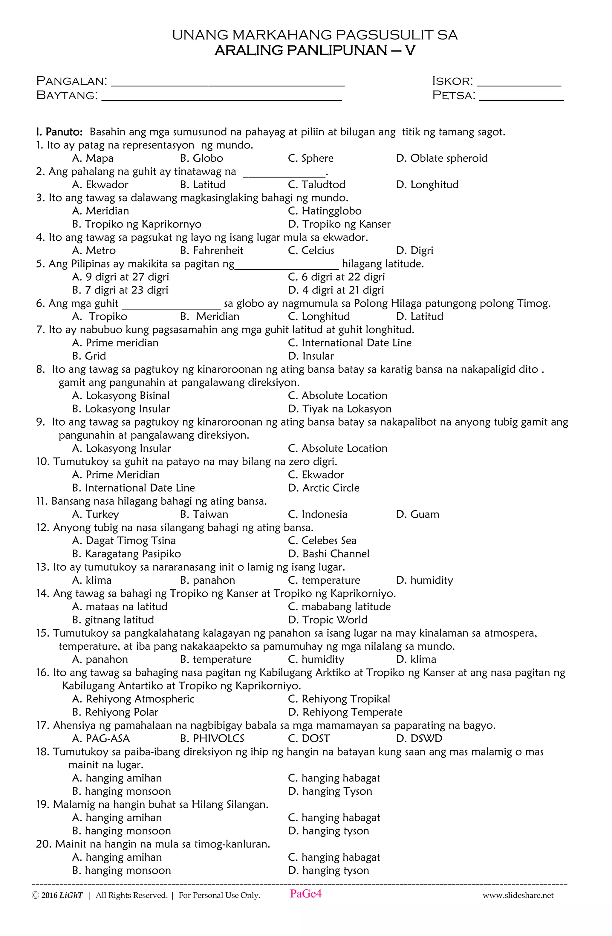 K TO 12 GRADE 5 UNANG MARKAHANG PAGSUSULIT | PDF