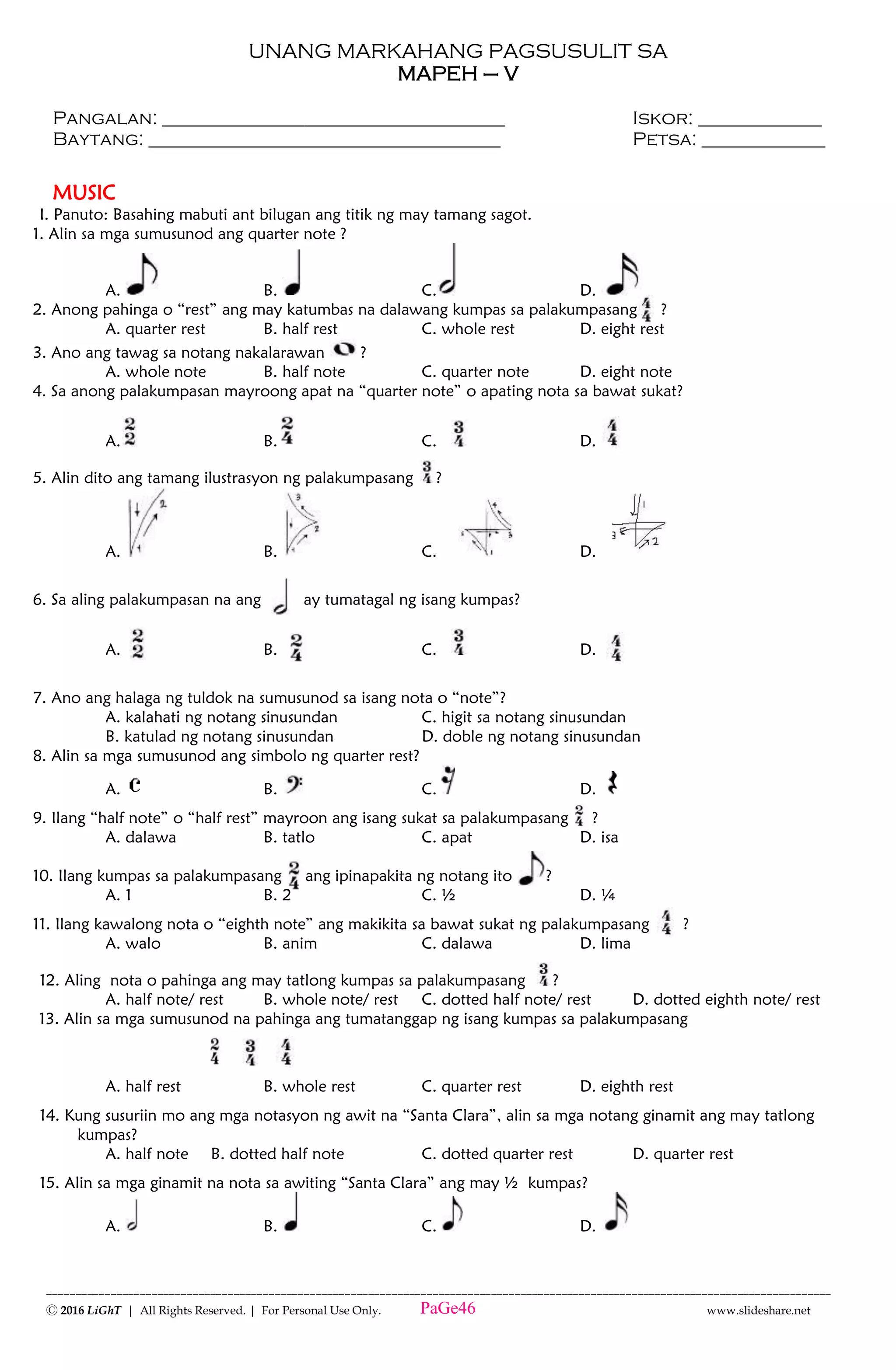 K TO 12 GRADE 5 UNANG MARKAHANG PAGSUSULIT | PDF