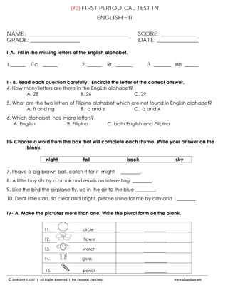 K TO 12 GRADE 2 UNANG MARKAHANG PAGSUSULIT | PDF
