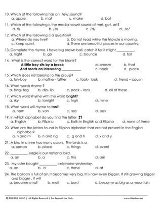 K TO 12 GRADE 2 UNANG MARKAHANG PAGSUSULIT | PDF