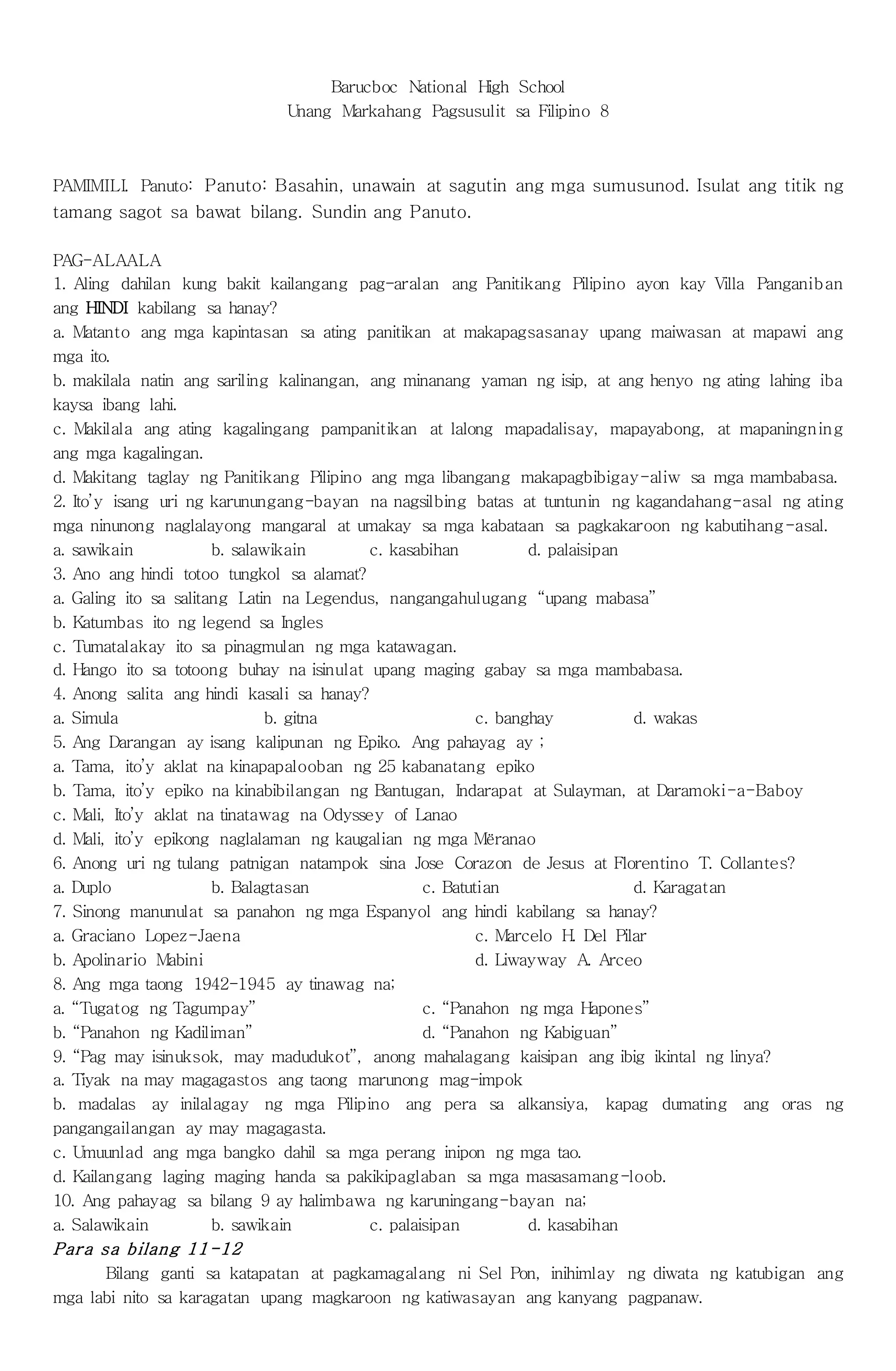 Unang markahang pagsusulit sa Filipino 8 w/ TOS | DOCX