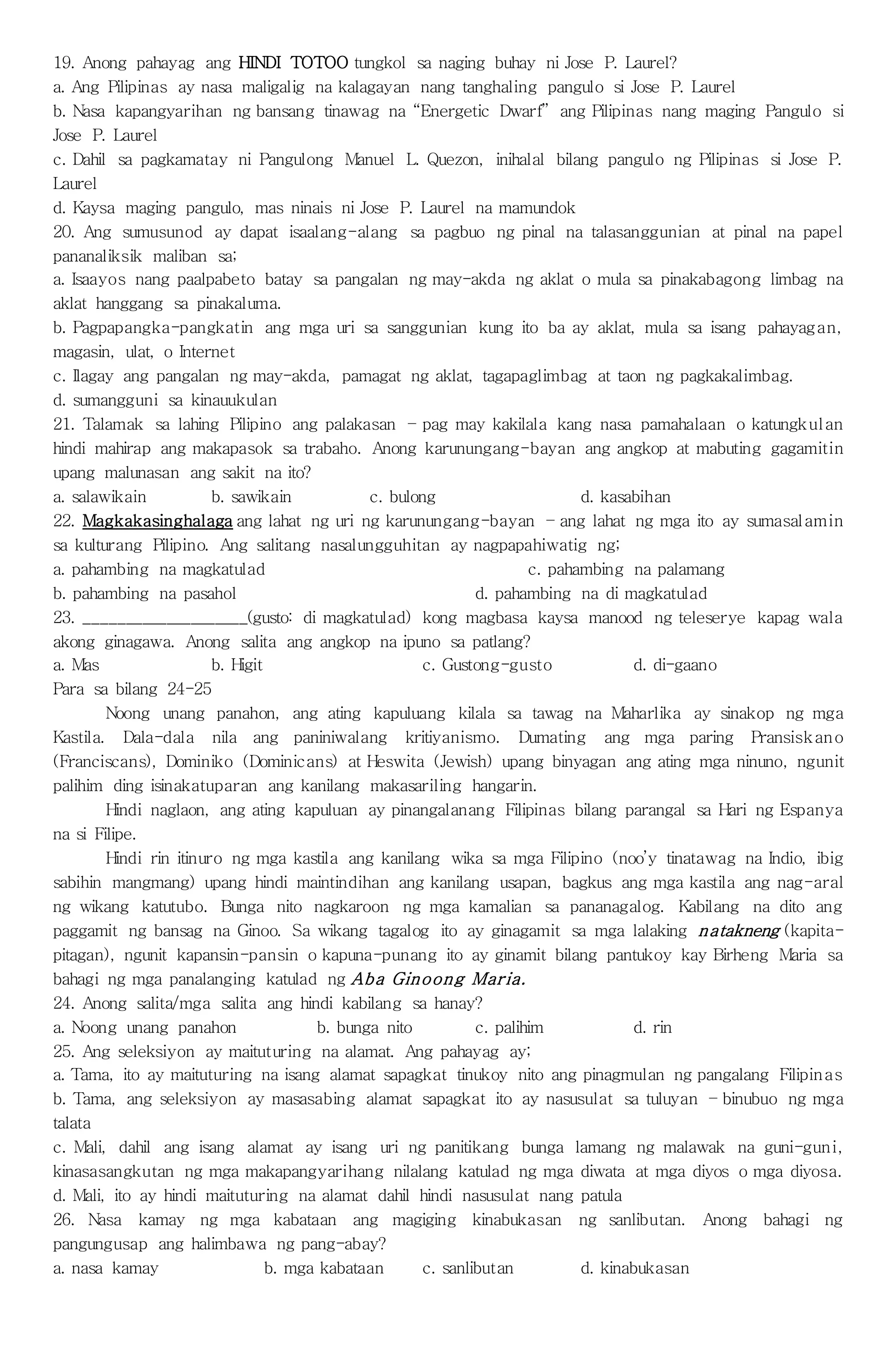 Unang markahang pagsusulit sa Filipino 8 w/ TOS | DOCX
