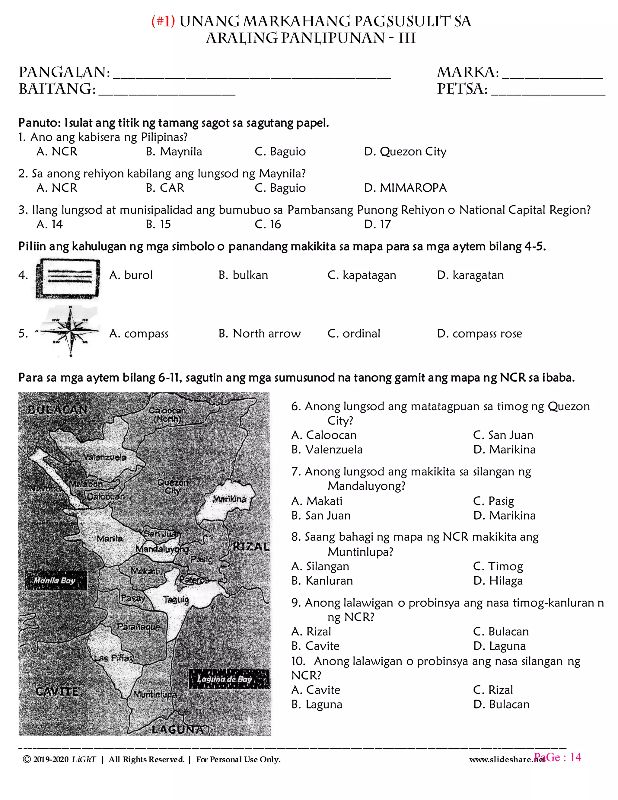 K TO 12 GRADE 3 UNANG MARKAHANG PAGSUSULIT | PDF