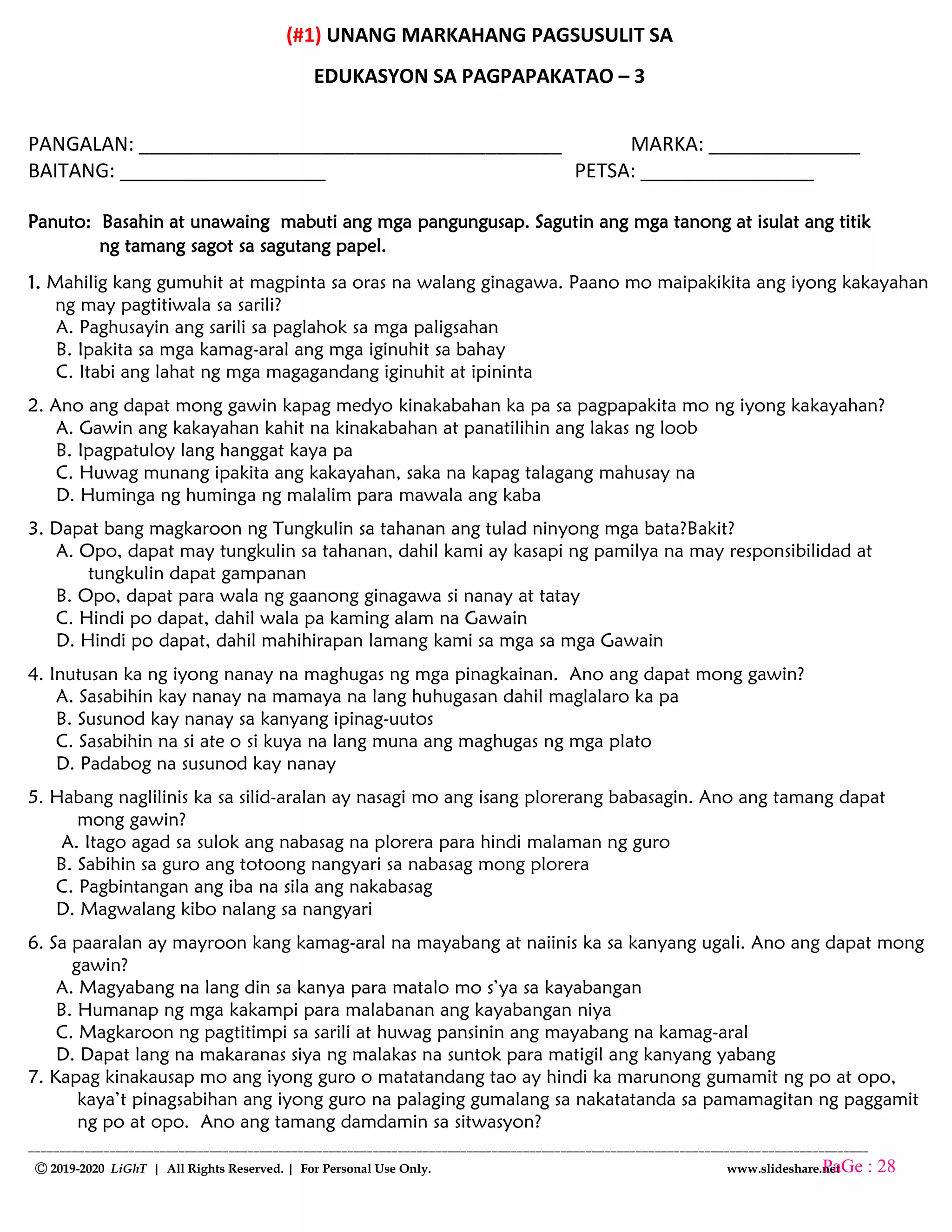 K TO 12 GRADE 3 UNANG MARKAHANG PAGSUSULIT | PDF