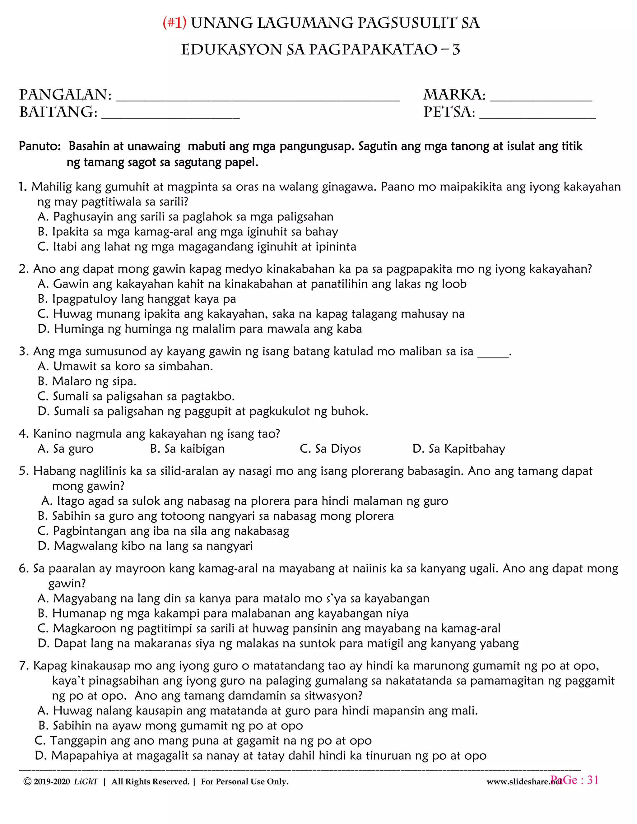 K TO 12 GRADE 3 UNANG MARKAHANG PAGSUSULIT | PDF