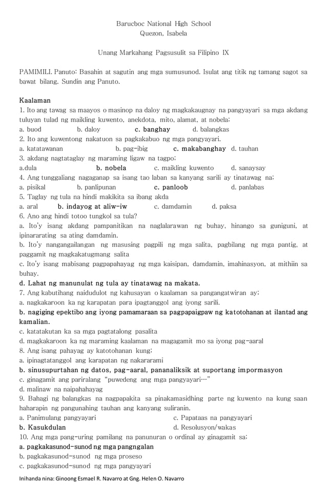 Unang markahang pagsusulit fil 9 w/ TOS | DOCX