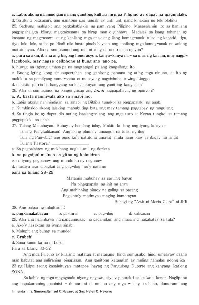 Unang markahang pagsusulit fil 9 w/ TOS | DOCX