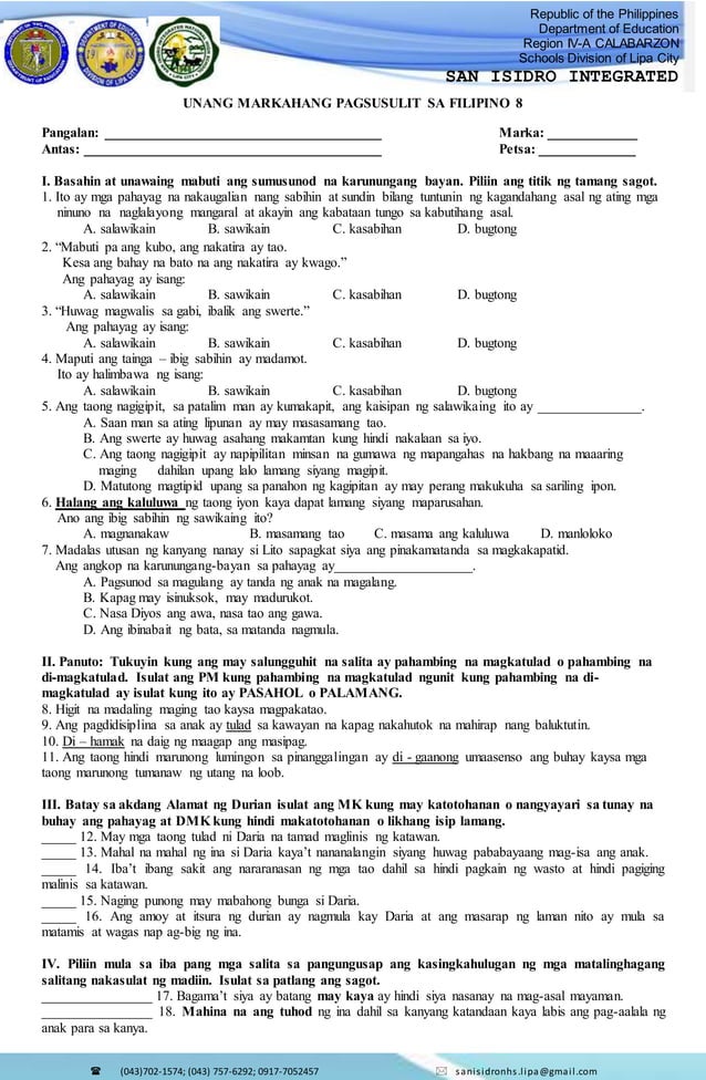 Unang markahang pagsusulit sy 2019 2020 | DOC