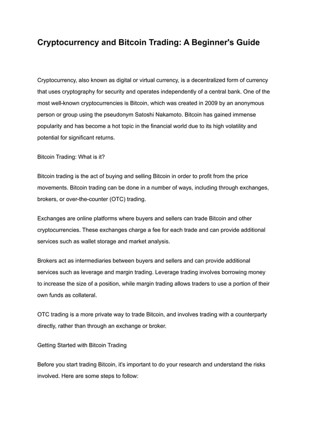 Cryptocurrency and Bitcoin Trading: A Beginner's Guide | PDF
