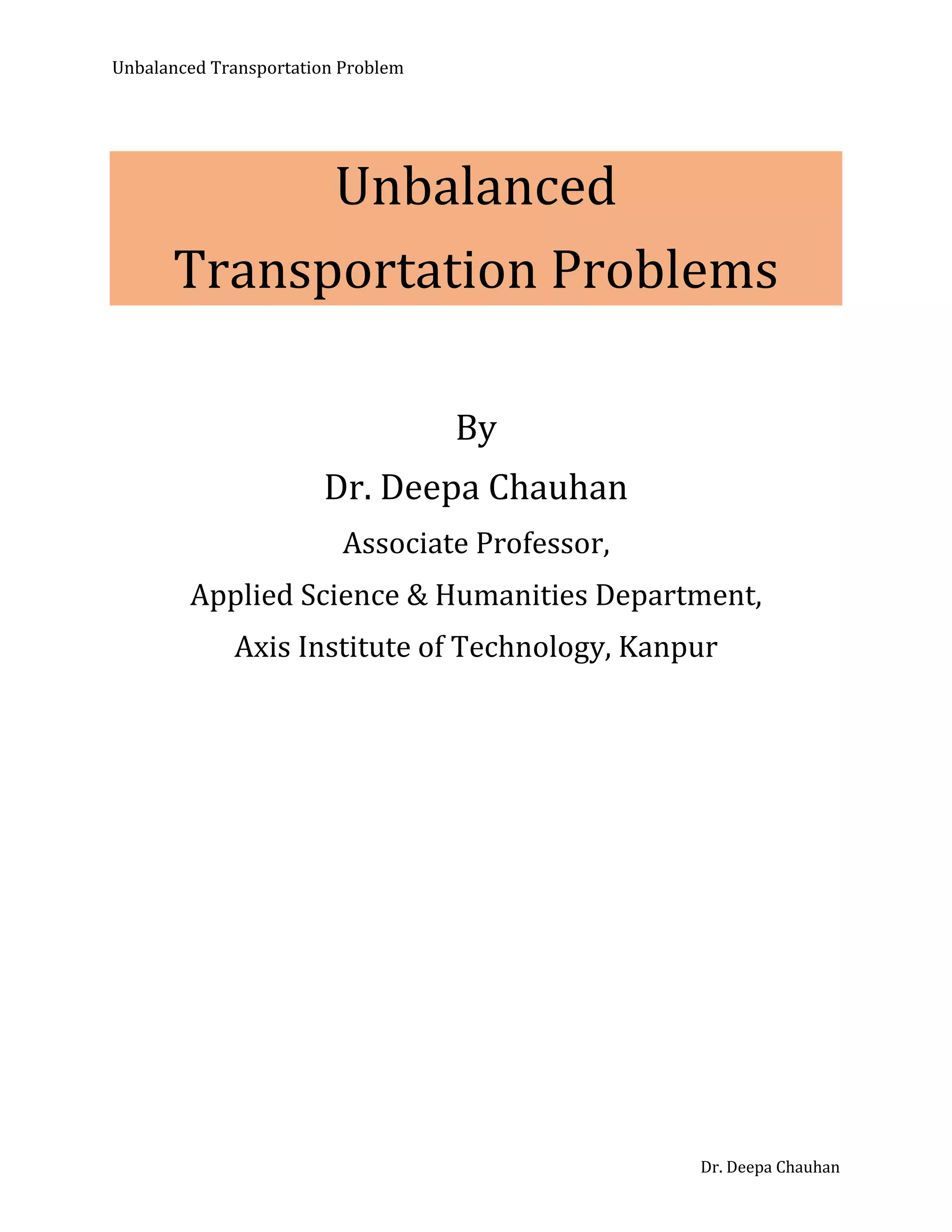 Unbalanced Transportation Problem | PDF