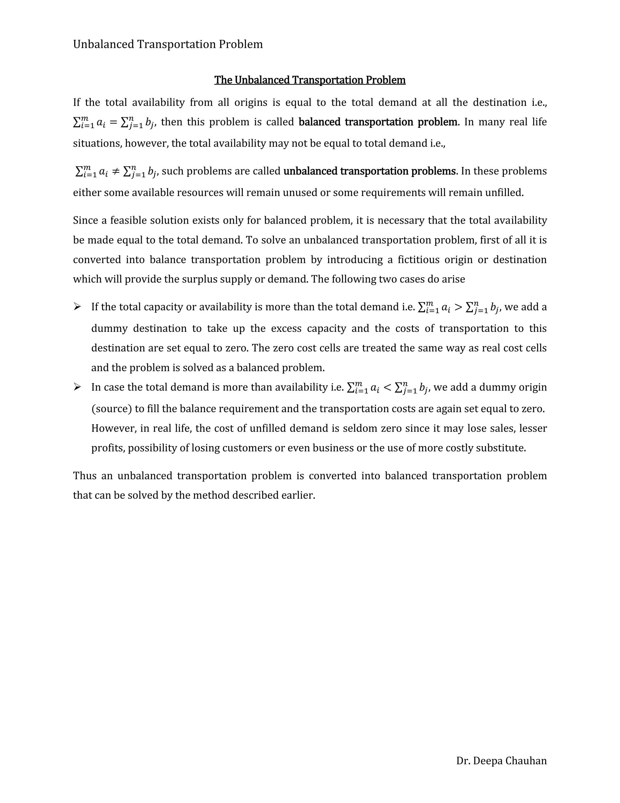 Unbalanced Transportation Problem | PDF