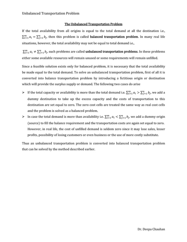 Unbalanced Transportation Problem | PDF | Business | Business and Finance
