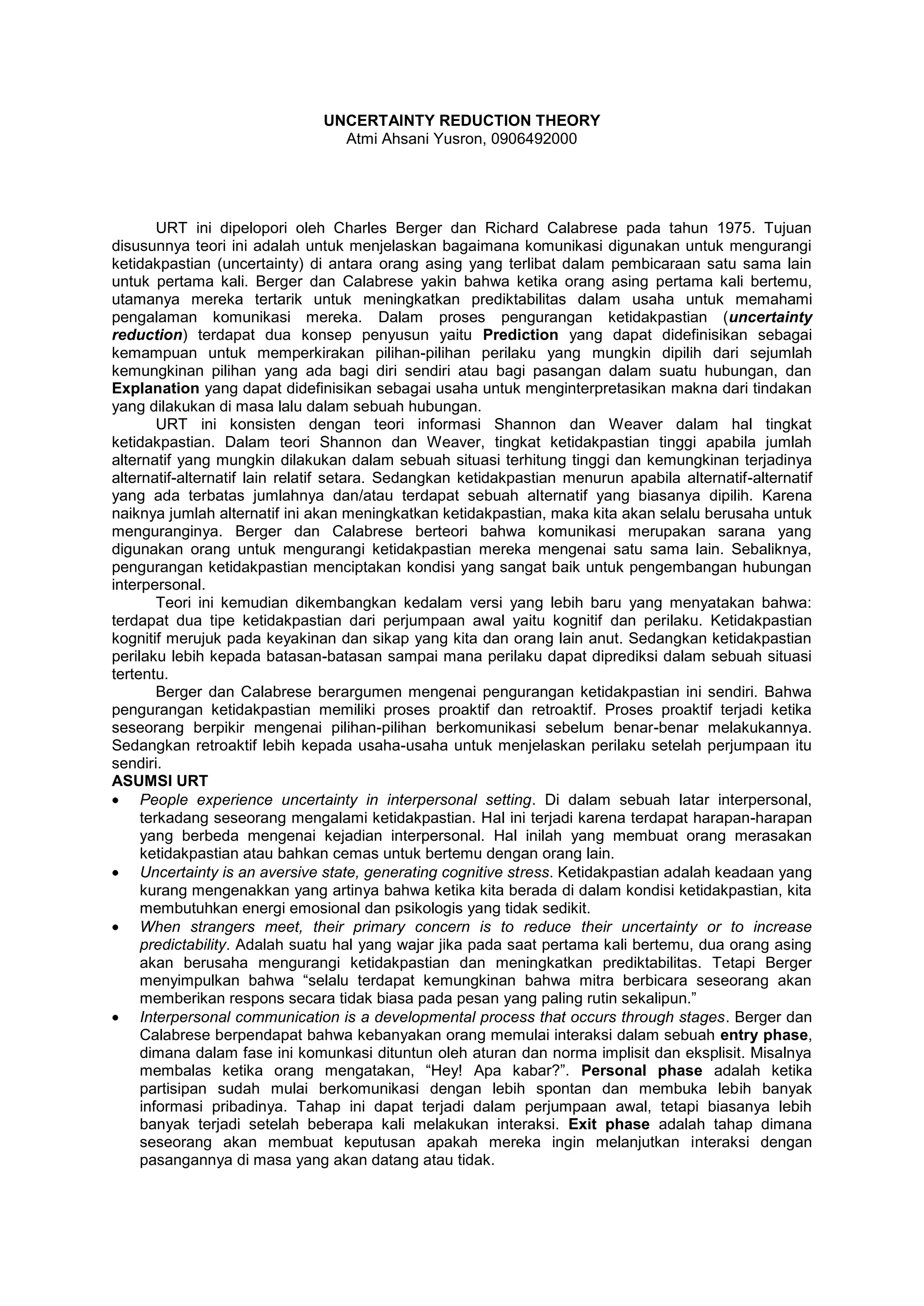 Uncertainty reduction theory | DOCX