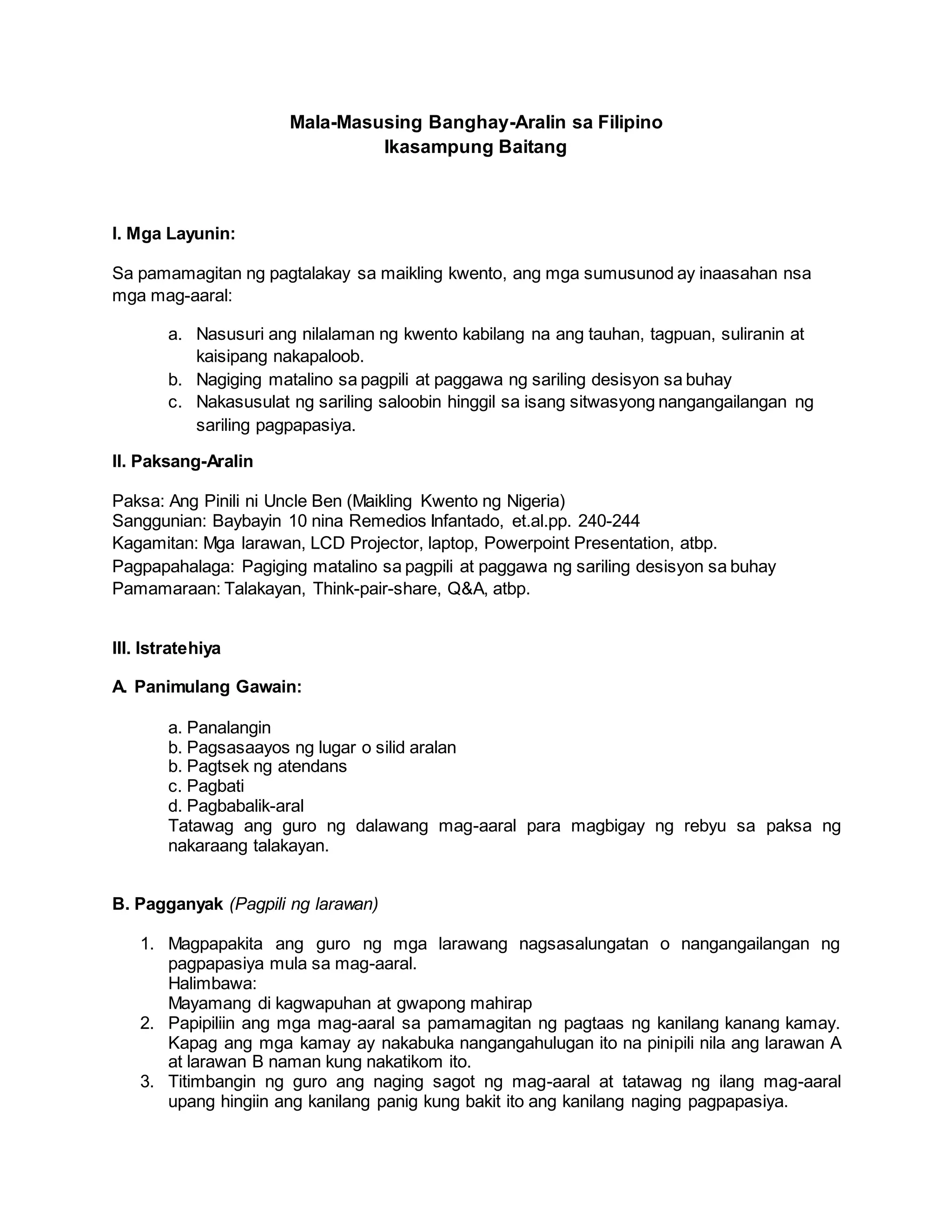 mala-masusing banghay aralin sa filipino-lumbria | DOCX