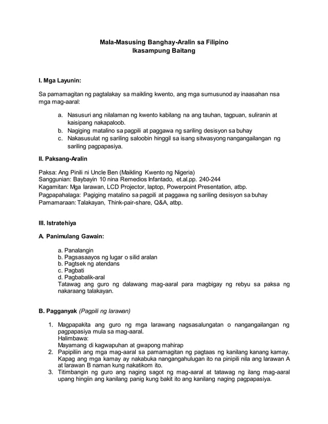 mala-masusing banghay aralin sa filipino-lumbria | DOCX