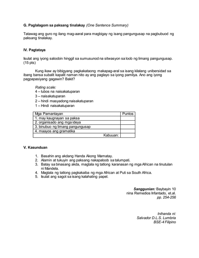 mala-masusing banghay aralin sa filipino-lumbria | DOCX
