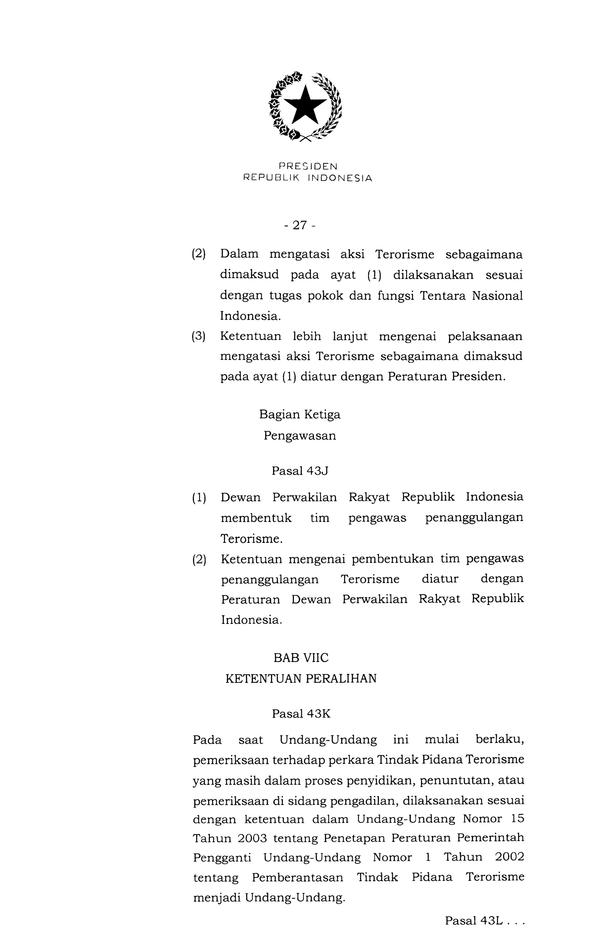 Undang-Undang (UU) No 5 Tahun 2018 tentang Pemberantasan Tindak Pidana Terorisme | PDF