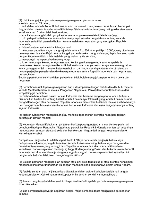 Undang undang no 62 tahun 1958 tentang kewarganegaraan | PDF