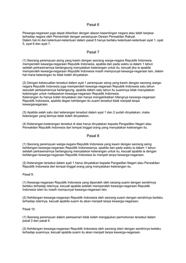 Undang undang no 62 tahun 1958 tentang kewarganegaraan | PDF