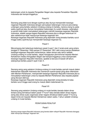 Undang undang no 62 tahun 1958 tentang kewarganegaraan | PDF