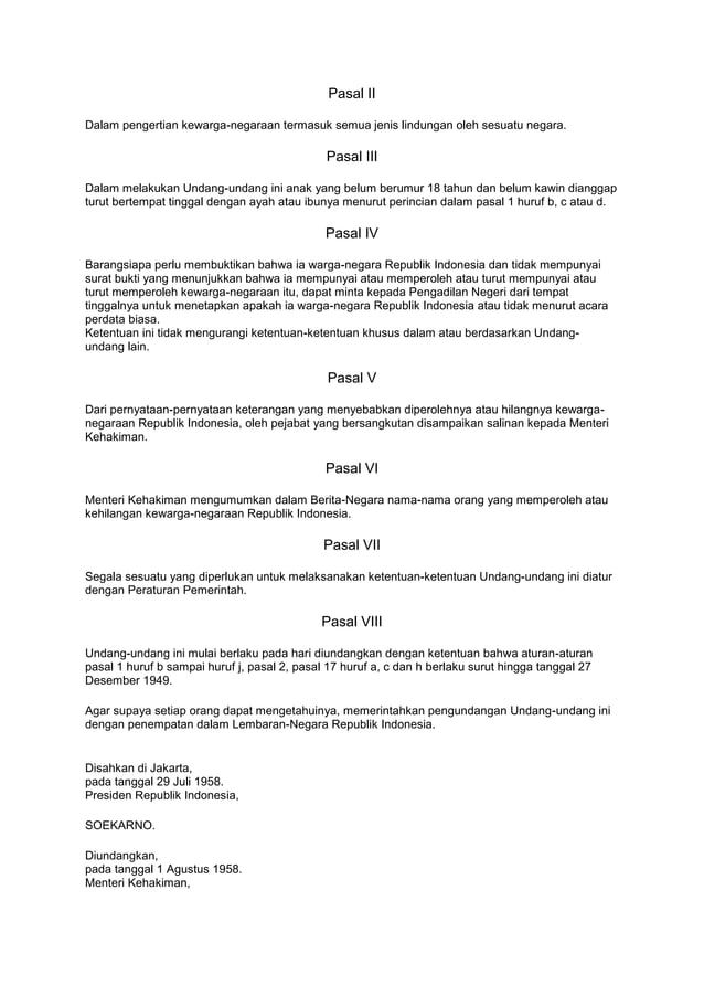 Undang undang no 62 tahun 1958 tentang kewarganegaraan | PDF